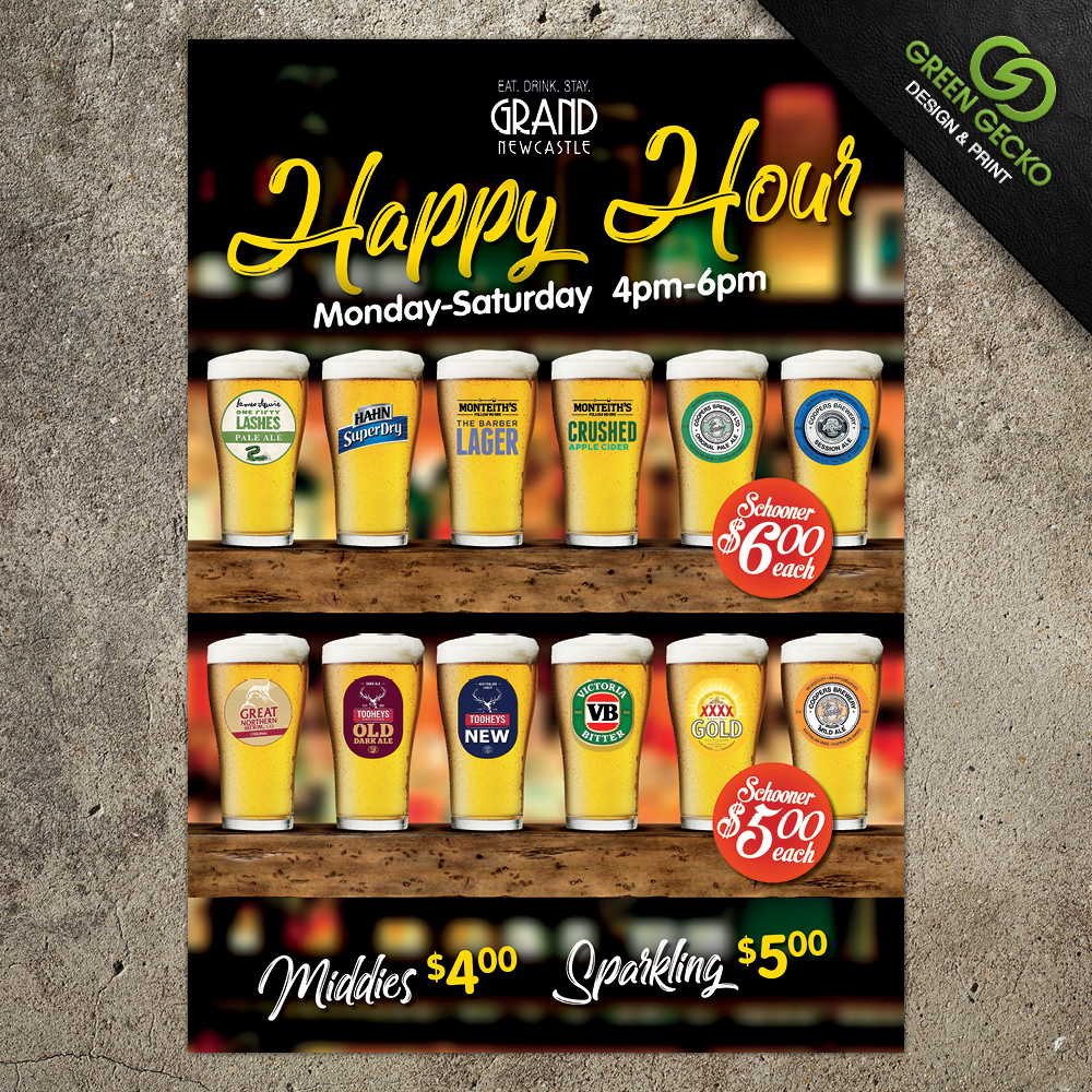 Happy Hour promotional design for The Grand Hotel – Green Gecko ...
