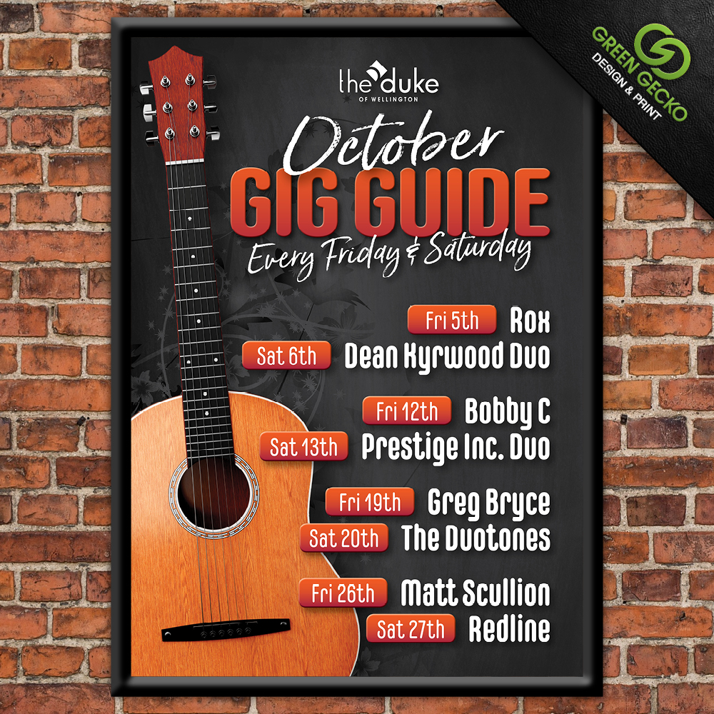Gig guide poster design for The Duke of Wellington – Green Gecko ...